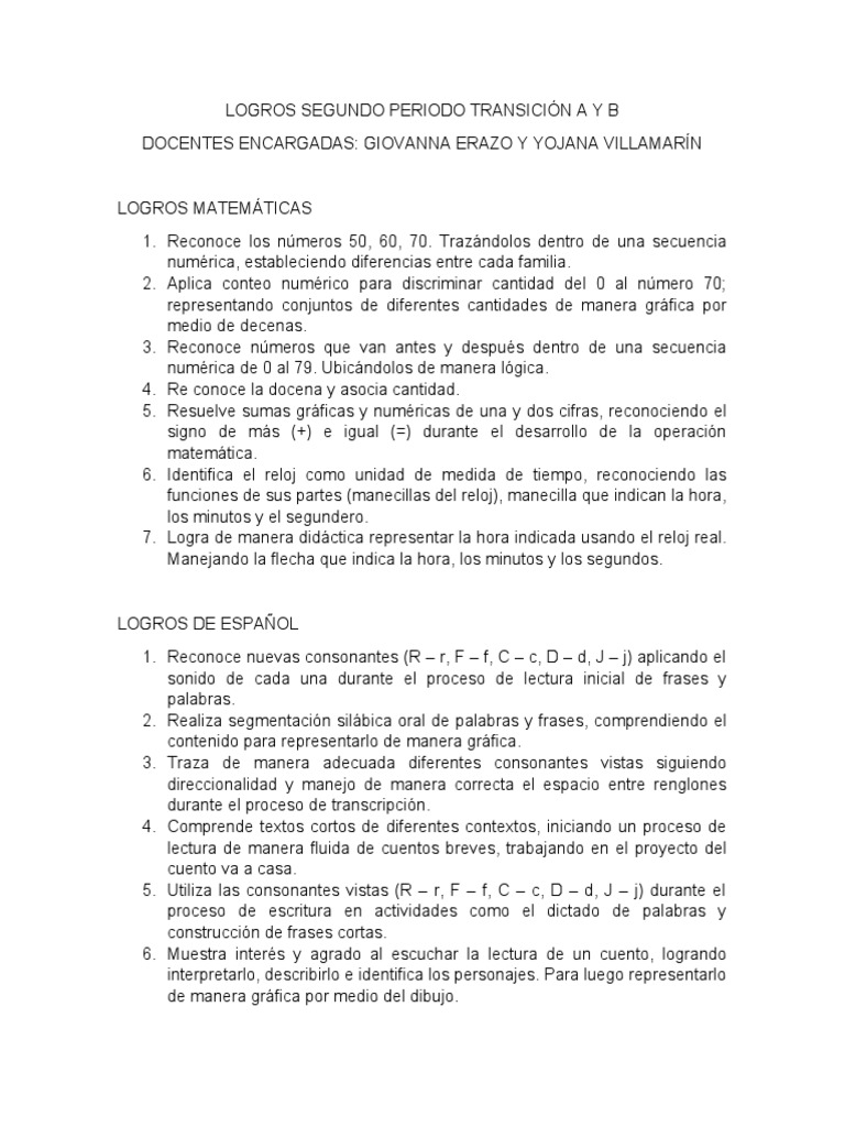 Logros Segundo Periodo Transición A y B | PDF | Educación de la primera ...
