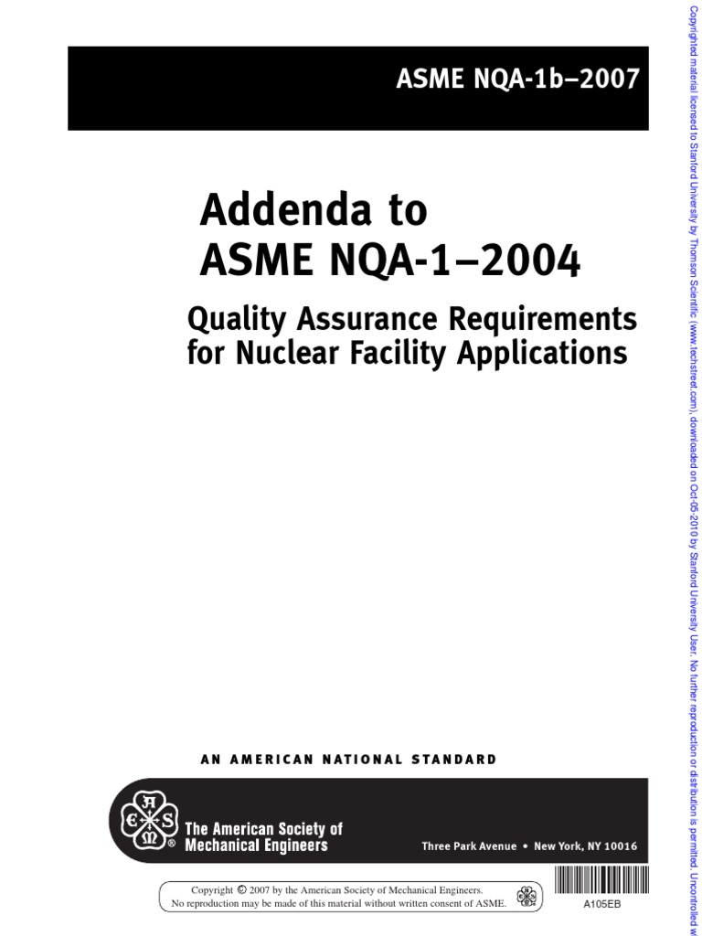 Addenda To ASME NQA-1-2004: Quality Assurance Requirements For Nuclear Facility Applications ...