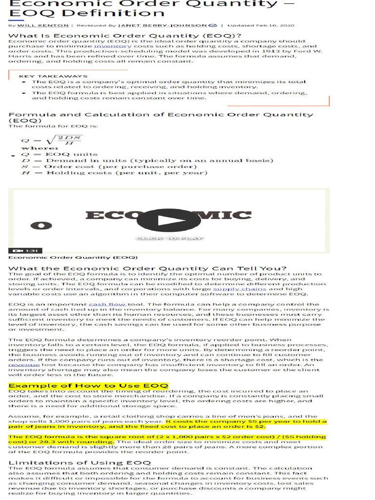 Economic Order Quantity - EOQ Definition | PDF