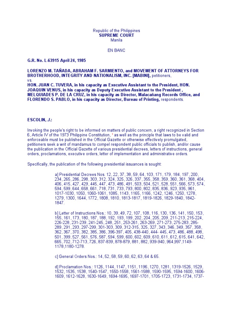 Tanada vs. Tuvera | PDF | Mandamus | Precedent