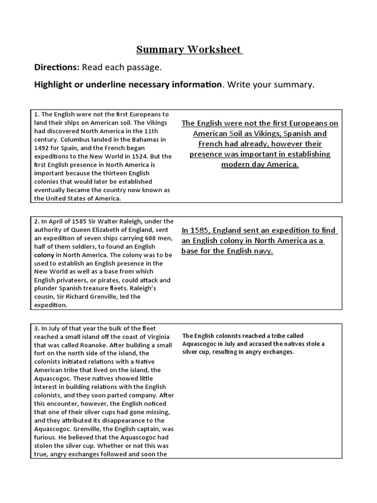 Summary Worksheet For English | PDF | Roanoke Colony | Naval Warfare