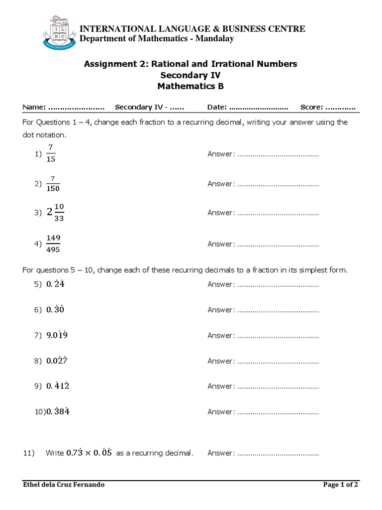 Assignment For Rational and Irrational Numbers | PDF | Rational Number ...