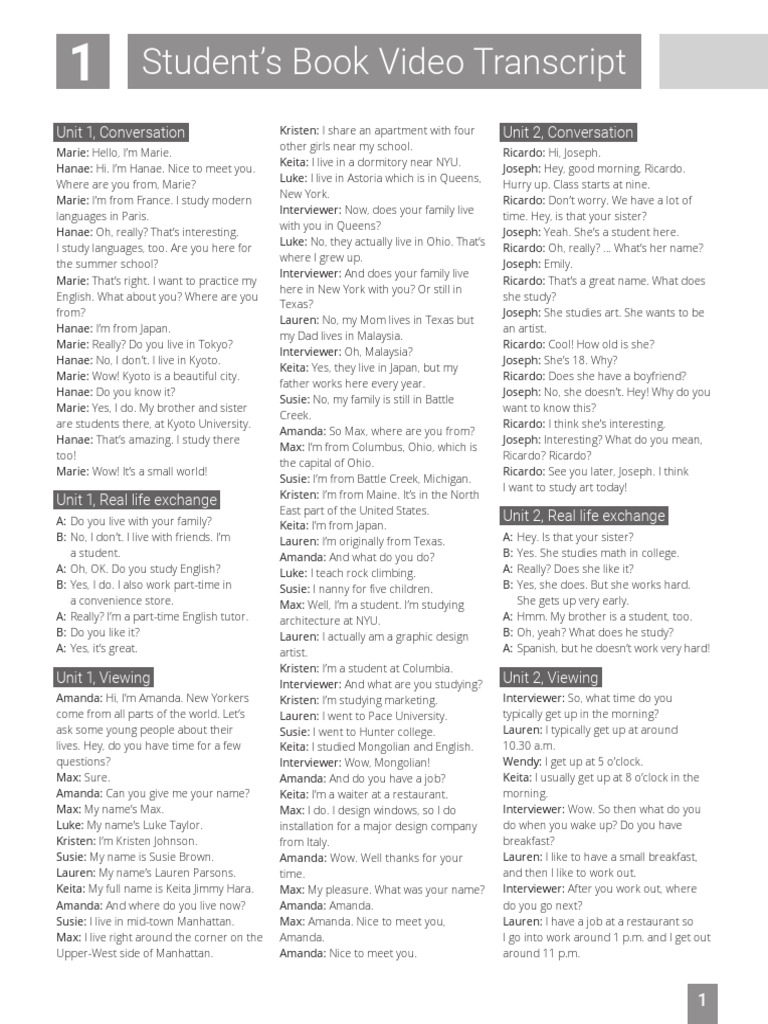 Student S Book Video Transcript: Unit 1, Conversation Unit 2, Conversation | PDF