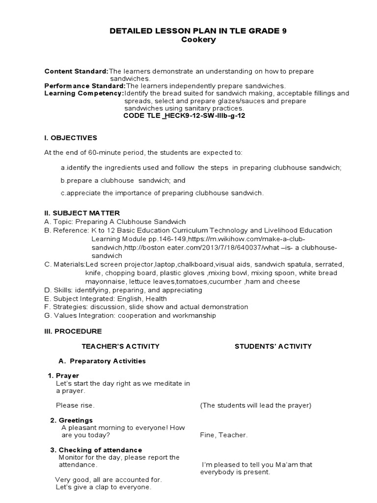 Detailed Lesson Plan in Tle Grade 9 Cookery | PDF | Menu | Sandwich