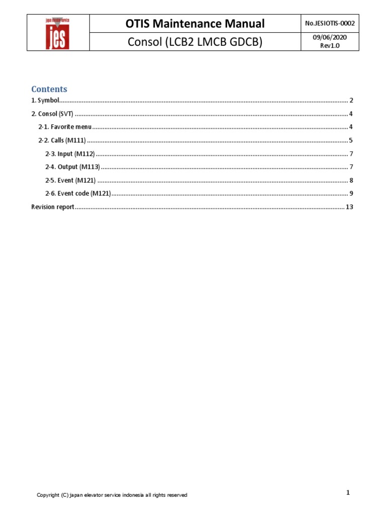 【JESIOTIS-0002】OTIS Maintenance Manual Consol (LCB2 LMCB GDCB) | PDF | Elevator | Switch