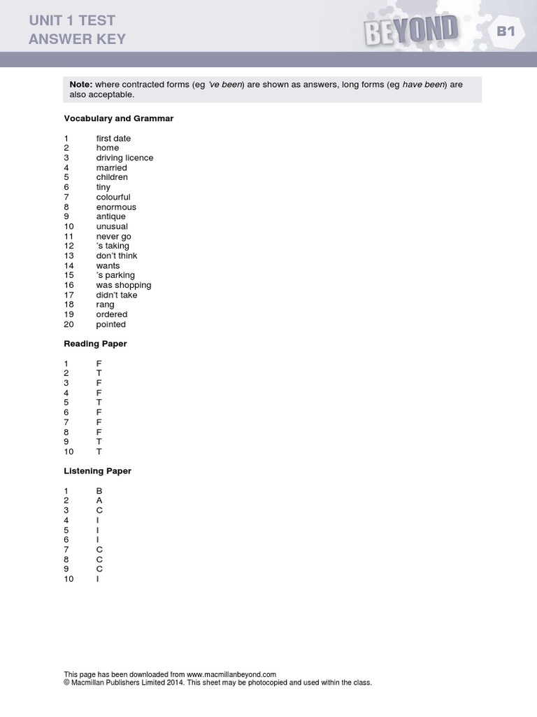 Unit 1 Test Answer Key: © Macmillan Publishers Limited 2014. This Sheet ...