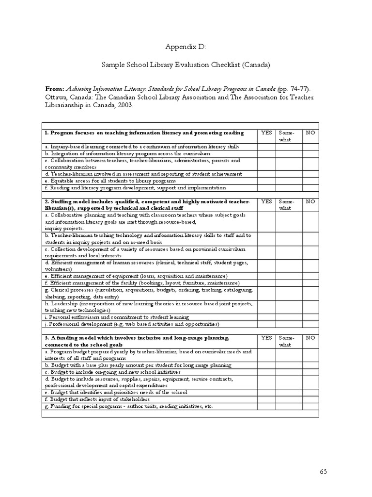 Library Evaluation Checklist Fla-School-Library-Guidelines | PDF ...