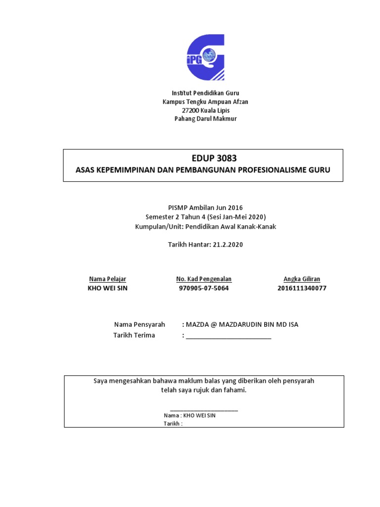 Muka Depan Kerja Kursus Ipgktaa | PDF