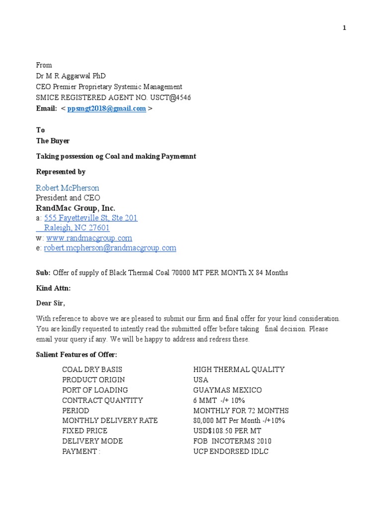 COAL ROBERT QUOTATION April | PDF | Coal | Economies