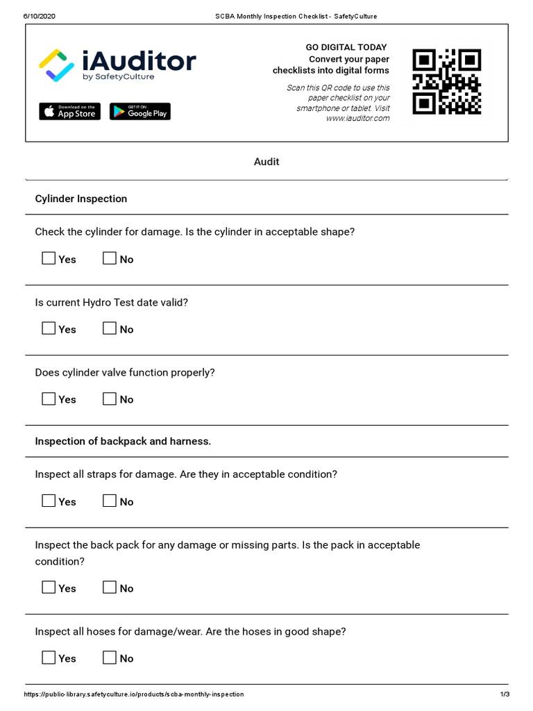 SCBA Monthly Inspection Checklist - SafetyCulture | PDF | Equipment