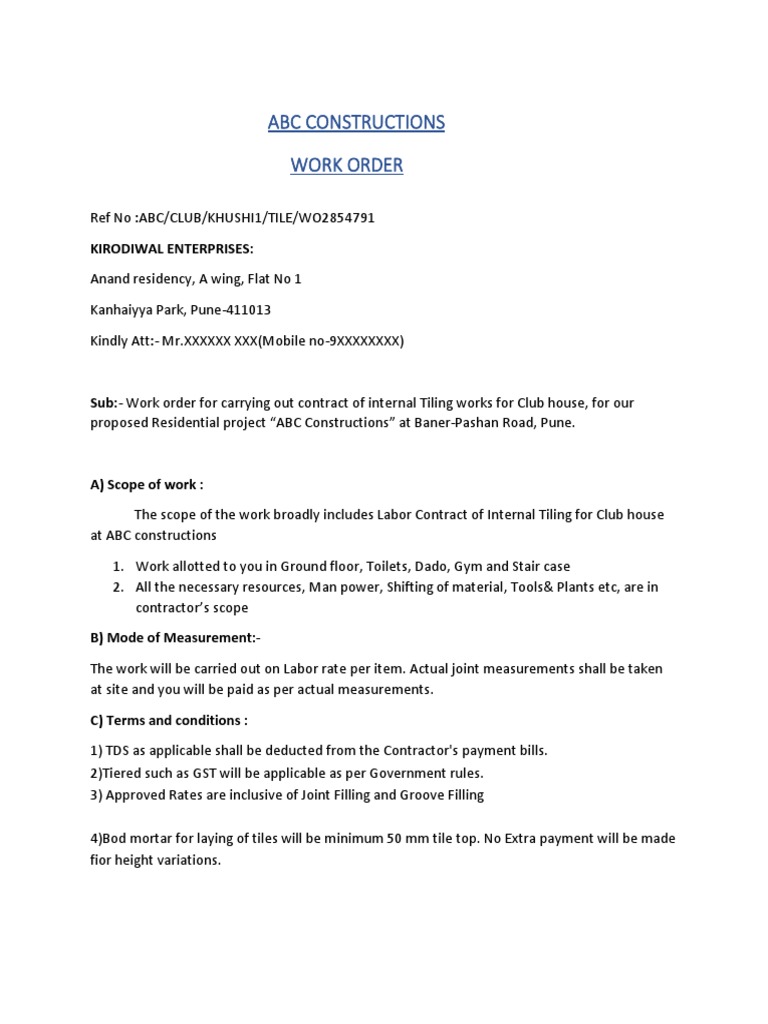 WORK ORDER For Tiling | Download Free PDF | Employment | Labour Economics