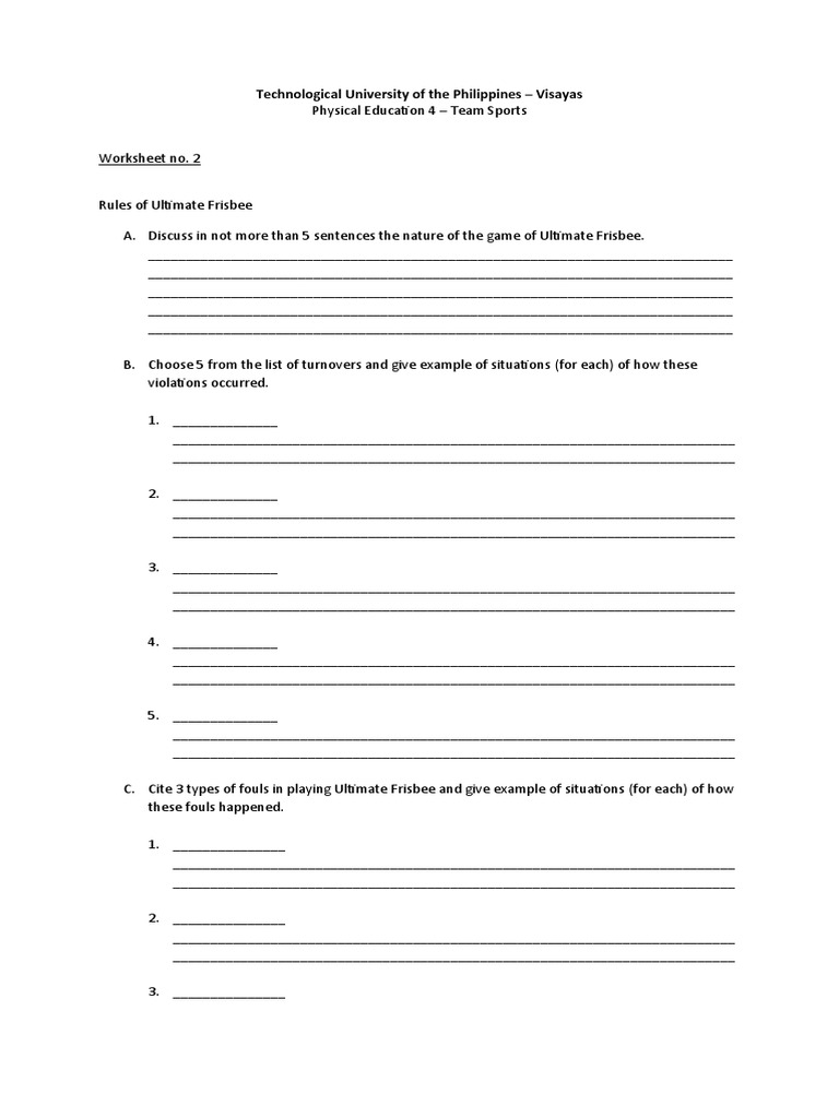 Ultimate Frisbee Rules Worksheet | PDF | Violence | Sports