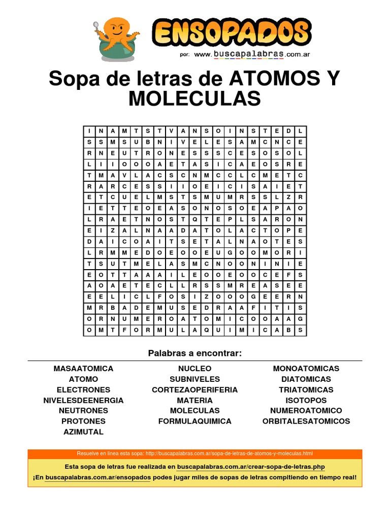 Sopa de Letras de Atomos y Moleculas | PDF