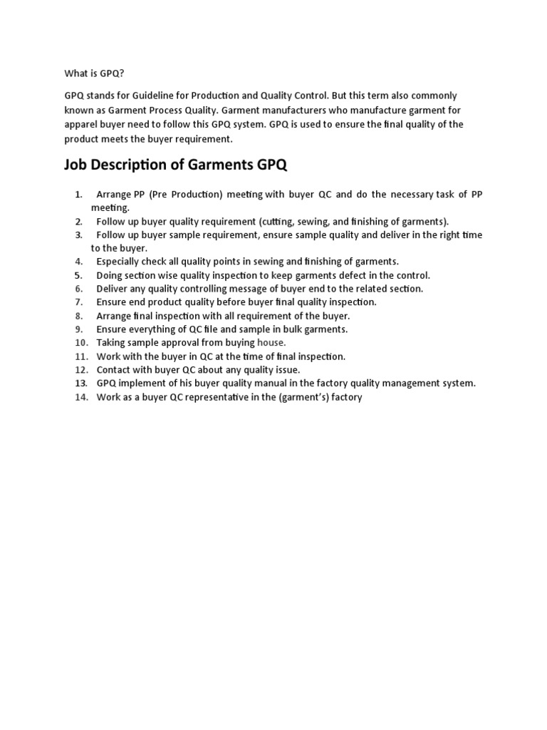 Job Description of Garments GPQ: 4. 6. 7. 8. 9. 10. House. 11. 12. 14 | PDF