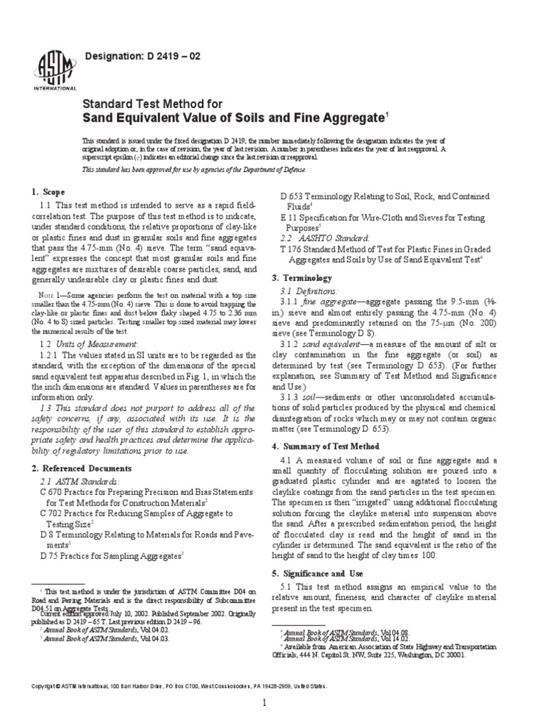 Sand Equivalent Value of Soils and Fine Aggregate: Standard Test Method ...