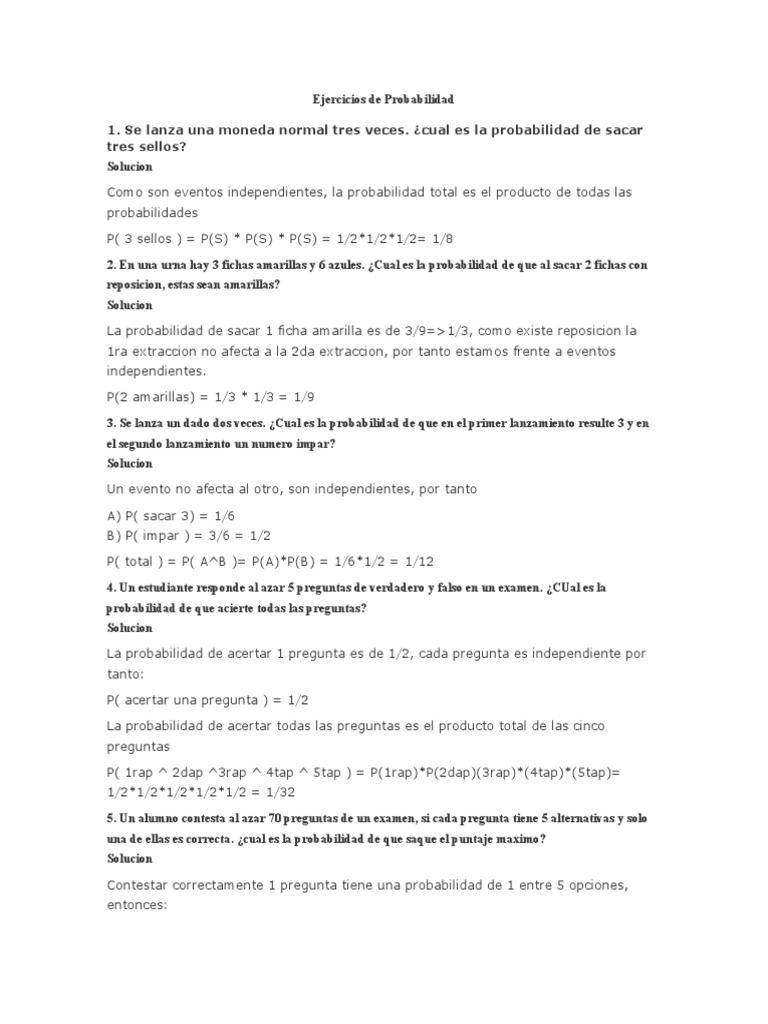 Ejercicios de Eventos Independientes | PDF | Probabilidad | Enseñanza ...