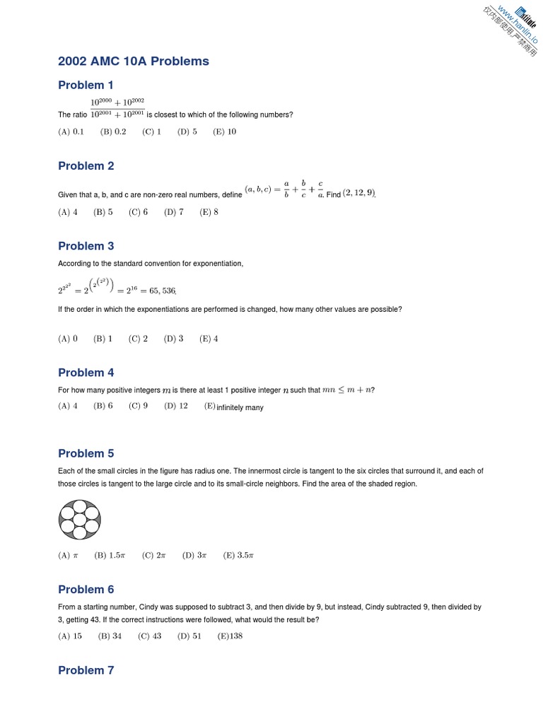 2002 AMC 10A Problems: Problem 1 | PDF | Area | Circle