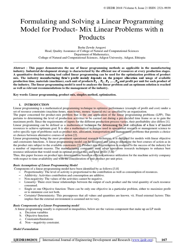 Formulating And Solving A Linear Programming Model For Product Mix