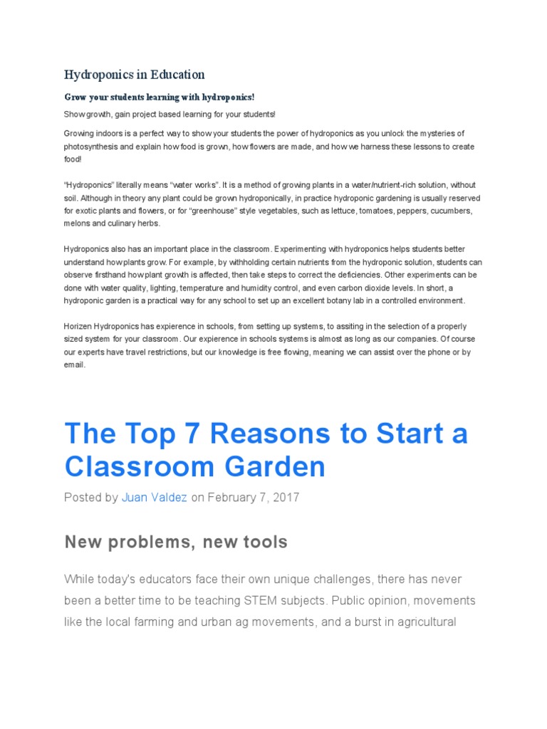 Classroom Hydroponics Benefits | PDF | Hydroponics | Learning