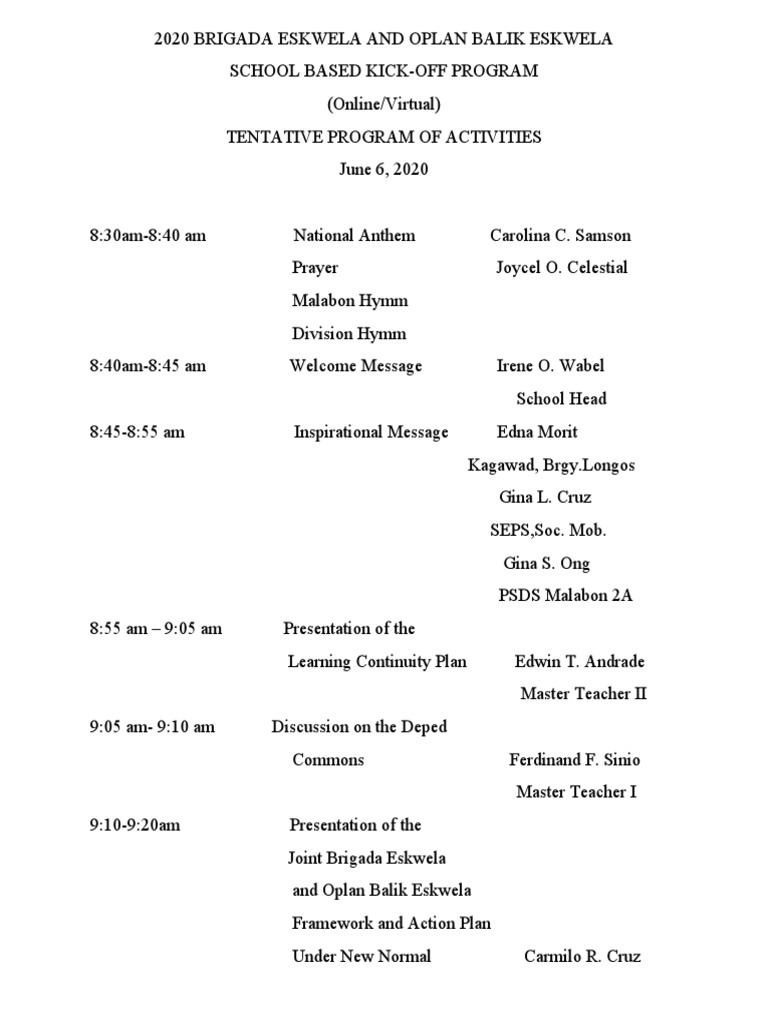 2020 Brigada Eskwela and Oplan Balik Eskwela Program | PDF