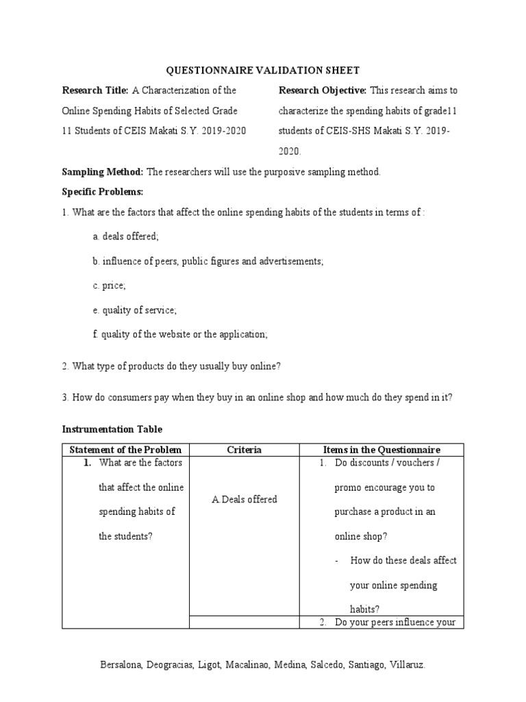 Questionnaire Validation Sheet Pdf Online Shopping Retail
