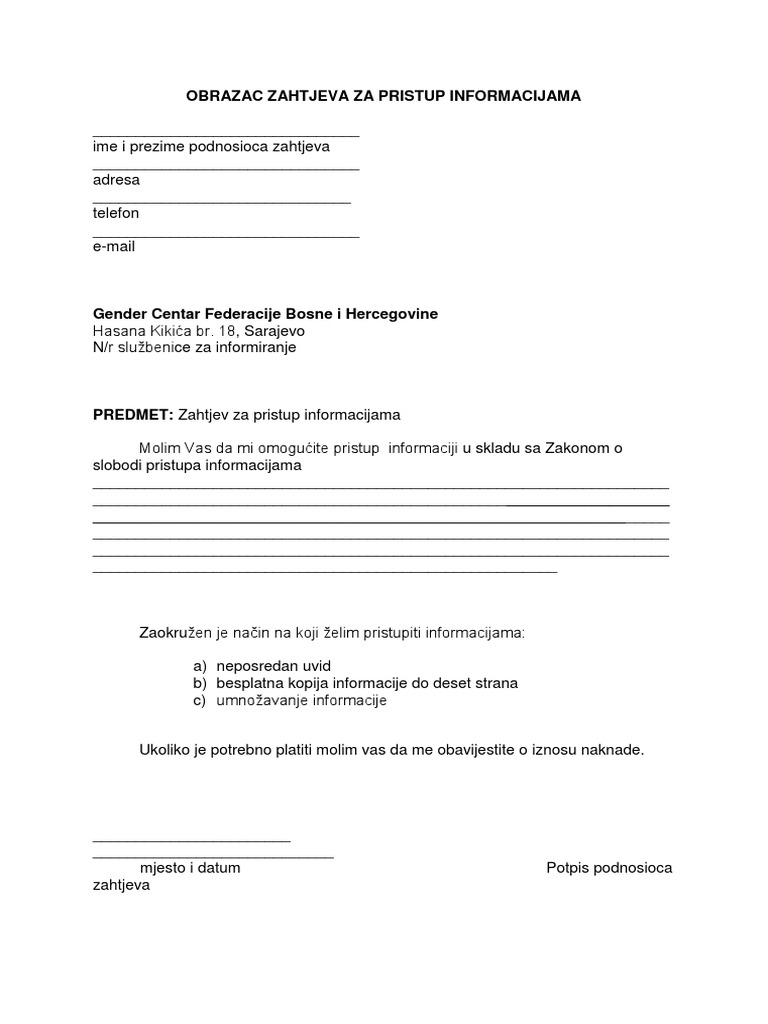 Obrazac Zahtjeva Za Pristup Informacijama PDF | PDF