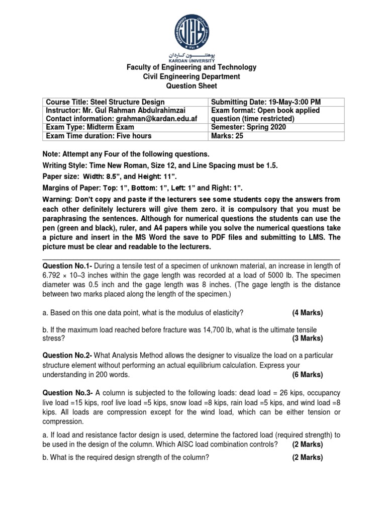 Steel Structure Design Midterm Exam 991 42832 | PDF | Structural Load ...