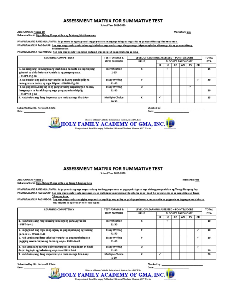 Assessment Matrix in Filipino | PDF