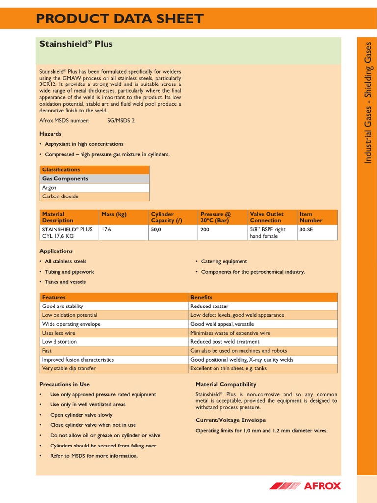 Datasheet - Afrox Stainshield Plus Shielding Gas | PDF | Welding ...