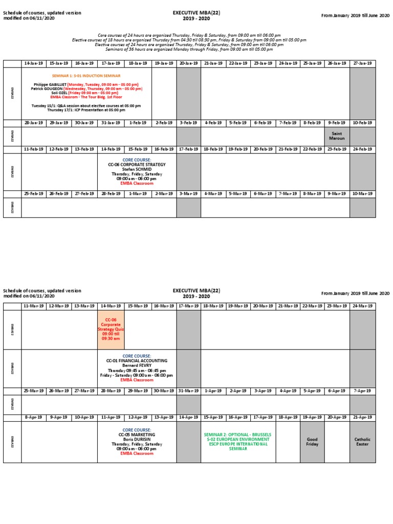 EMBA (22) - Program Schedule - Updated On November 26, 2019 | PDF ...