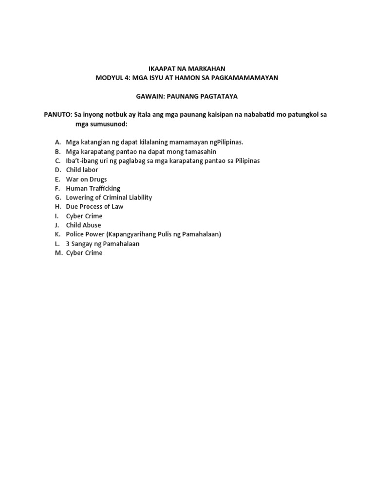 Paunang Pagtataya Modyul 4 | PDF Paunang Pagtataya Modyul 4 | PDF