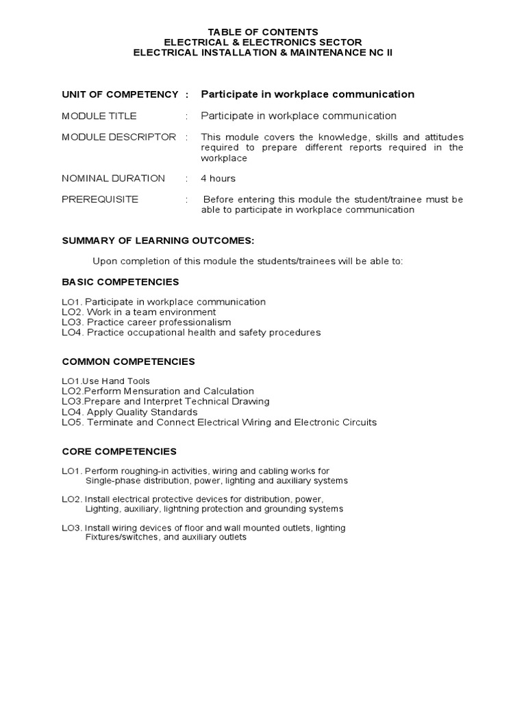 CBC Eim NC Ii | PDF | Occupational Safety And Health | Electrical Wiring