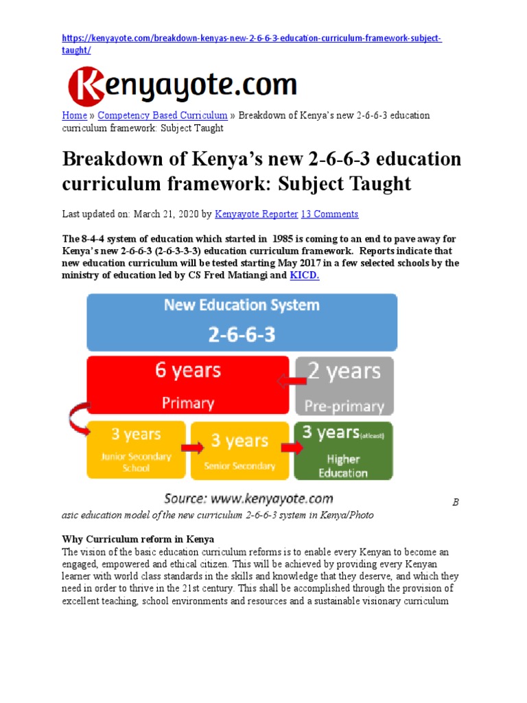 Breakdown of Kenya's New 2-6-6-3 Education Curriculum Framework ...