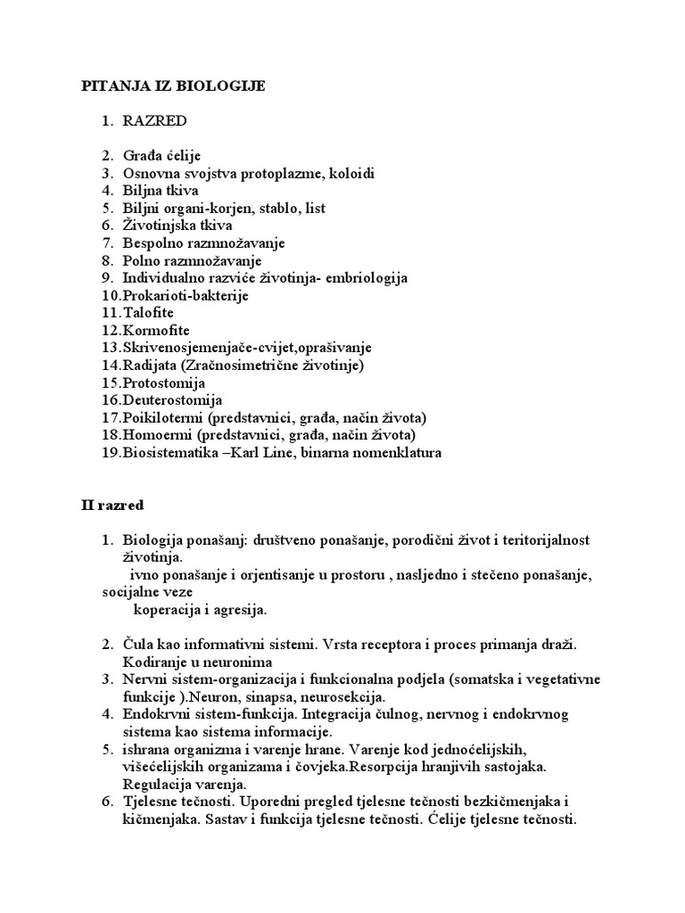Fizika, Biologija, Hemija Ispitna Pitanja 1-4 Razred | PDF