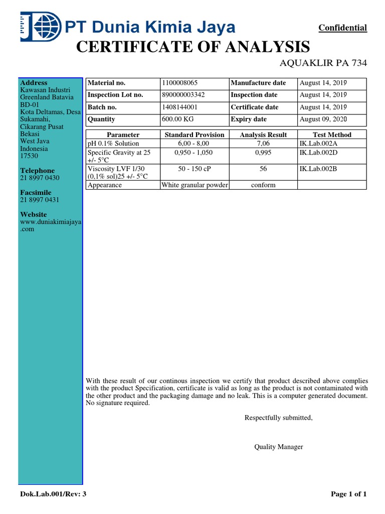 MSDS - Coa & MSDS Aquaklir Pa-734 | PDF | Dangerous Goods | Chemistry