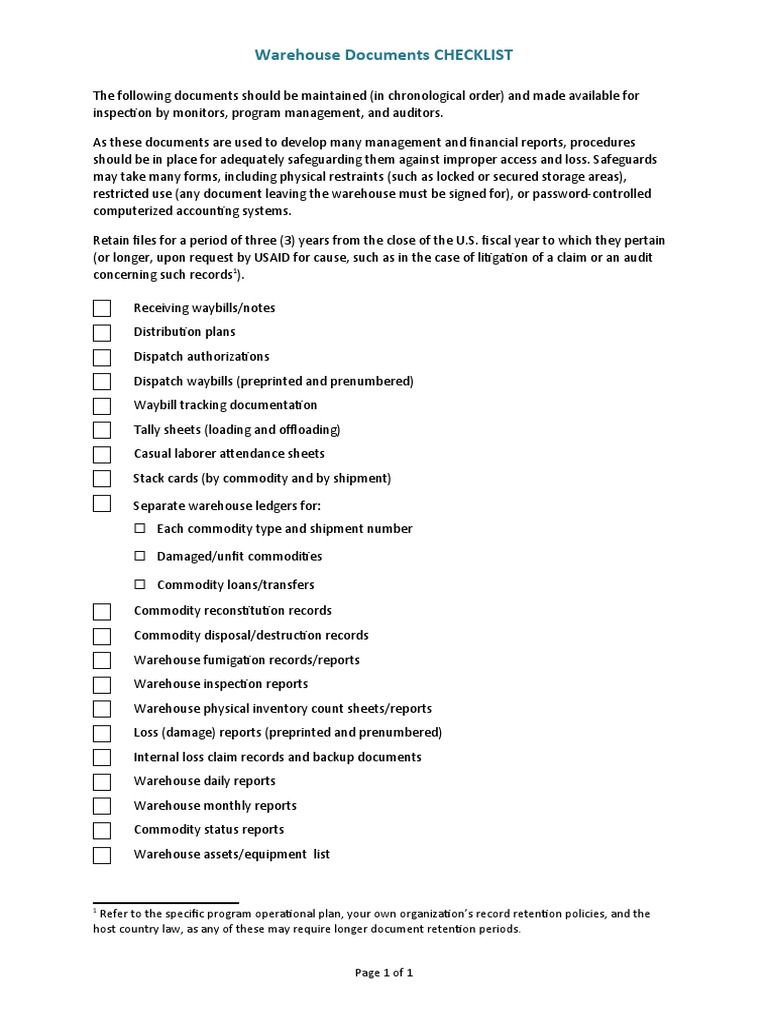 7.6.5 Warehouse Documents Checklist | PDF