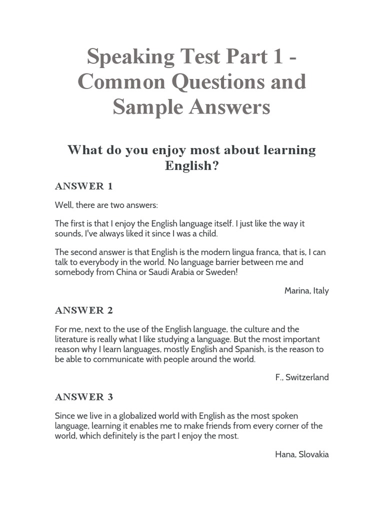 CAE Speaking Test Part 1 - Common Questions and Sample Answers | PDF ...
