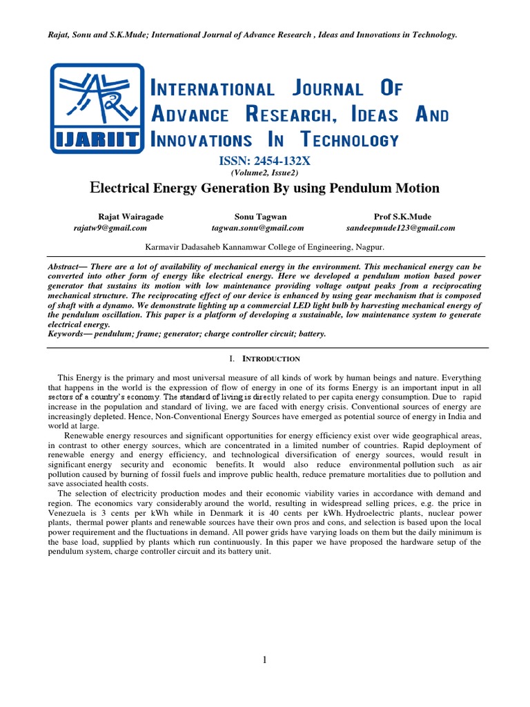 Lectrical Energy Generation by Using Pendulum Motion: ISSN: 2454-132X ...