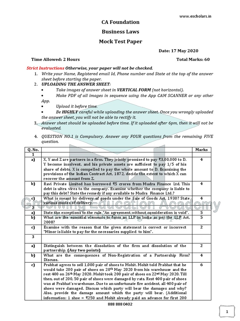 CA Foundation Law-17.05.2020 (Question Paper) | PDF | Limited Liability ...