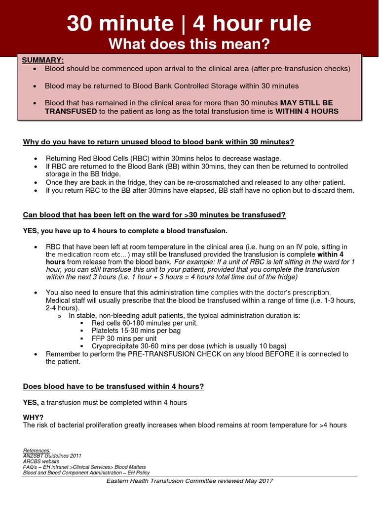 Eastern Health 30 Minute 4 Hour Rule 2017 PDF | PDF | Blood Transfusion ...