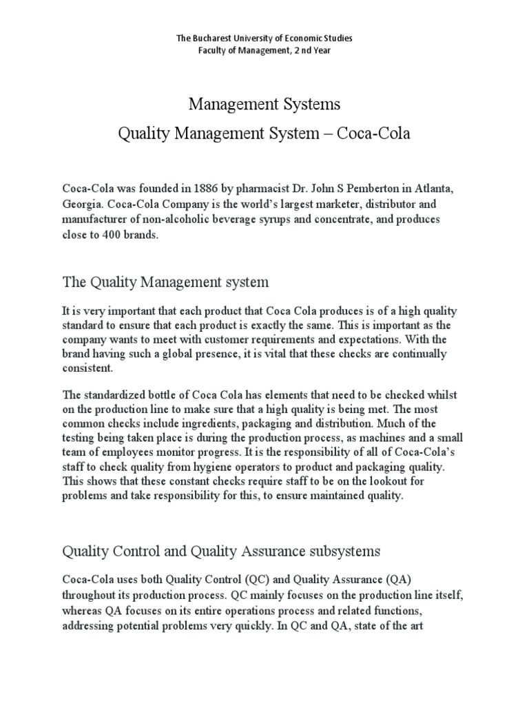 Coca-Cola Quality Management Overview | PDF | Coca Cola | Quality Assurance