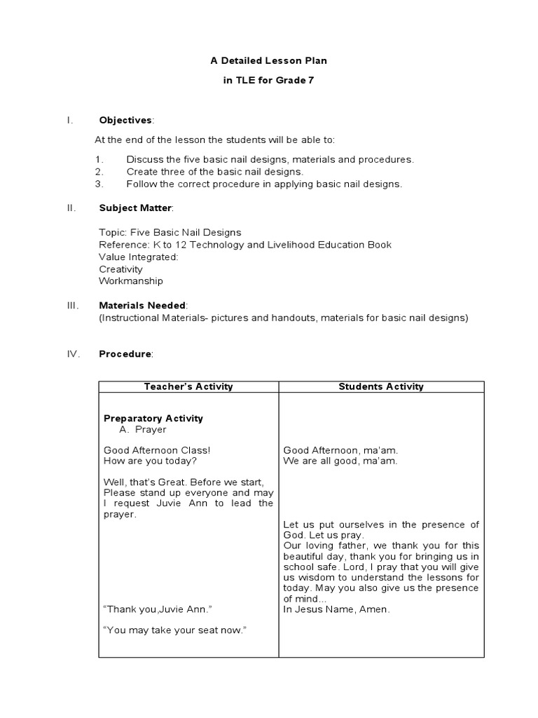 A Detailed Lesson Plan | PDF | Nail (Anatomy) | Foot