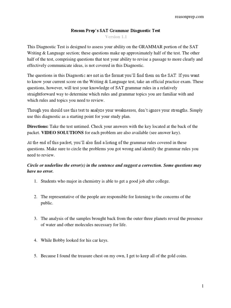 Reason Prep's SAT Grammar Diagnostic Test | PDF | Sat | Question