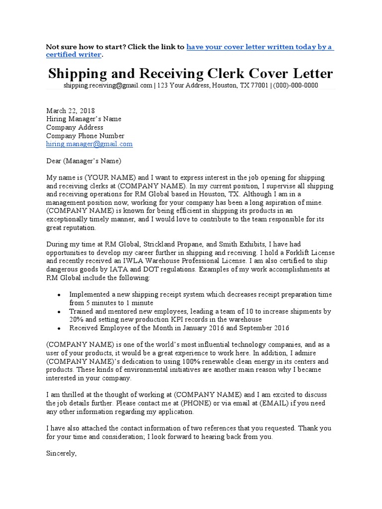 Shipping and Receiving Clerk Cover Letter: Not Sure How To Start? Click ...
