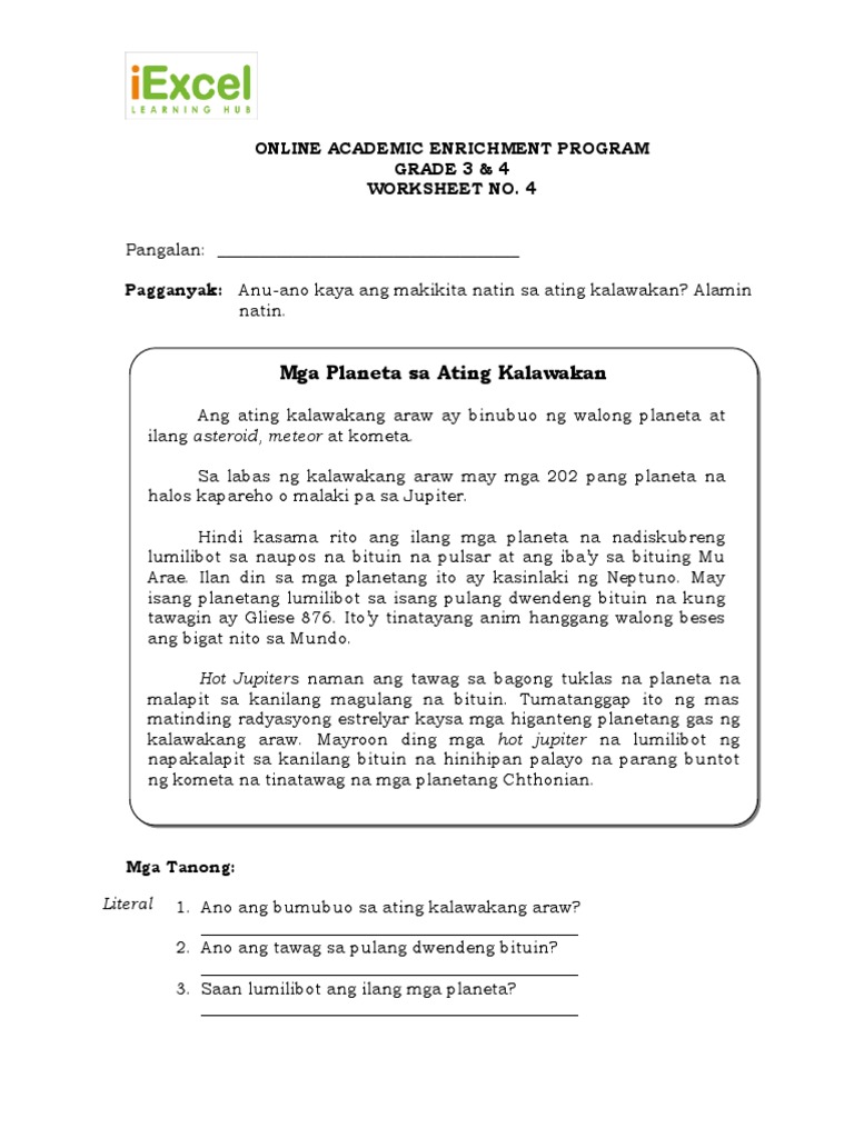 Filipino 3 and 4 - Worksheet No. 4 | PDF