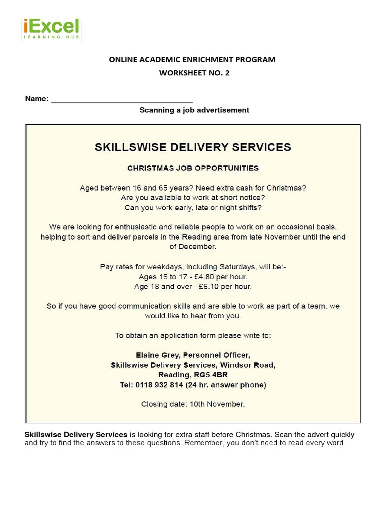 Skimming and Scanning Worksheet | PDF | Speed Reading | Supermarket