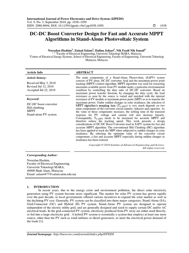 DC-DC Boost Converter Design For Fast and Accurate MPPT Algorithms in Stand-Alone Photovoltaic ...