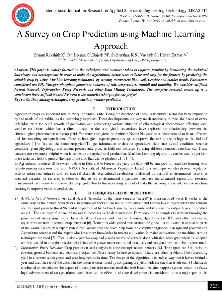 A Survey On Crop Prediction Using Machine Learning Approach | PDF ...