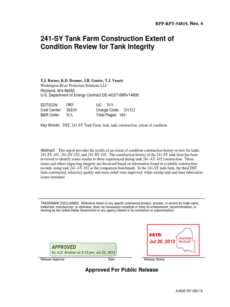 Tank Farm Construction Extent of Condition Review For Tank Integrity ...