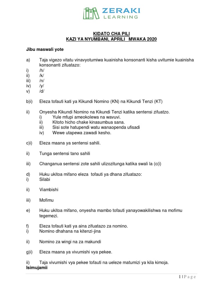 Form 2 - Kiswahili - Assignment 201 1584686107082-Zeraki-Learning Kiswahili - Form-2 Homework | PDF